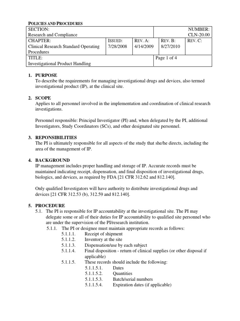CLN-20 00 Investigational Product Handling | Institutional Review Board ...