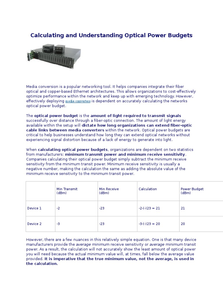 Calculating and Understanding Optical Power Budgets | PDF | Optical ...