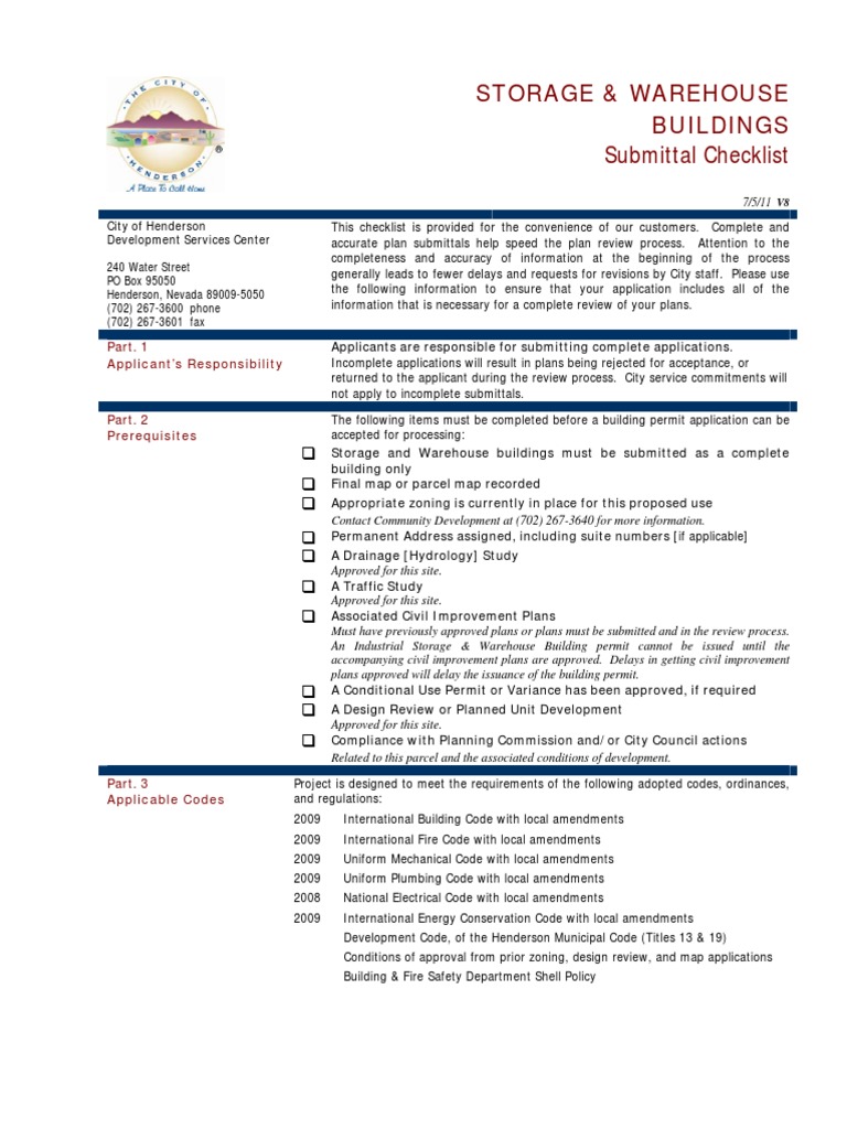 Storage Warehouse Checklist | PDF | Wall | Building Code