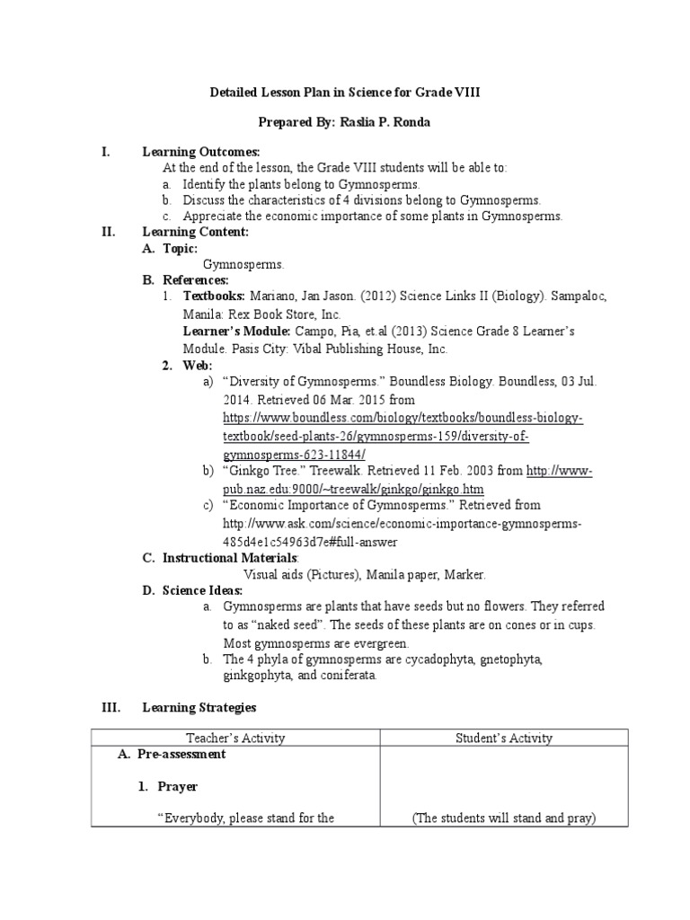 Gymnosperms Lesson Plan for Grade VIII | PDF | Plants | Botany