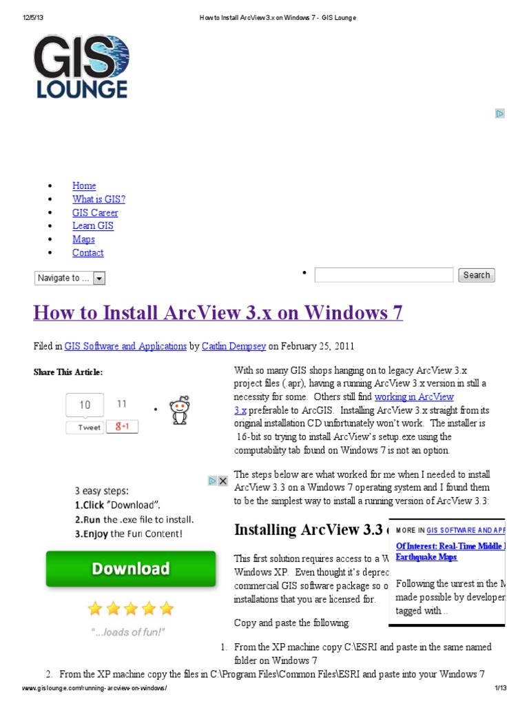Step-by-step instructions for installing ArcView 3.x on Windows 7 by copying files from a ...