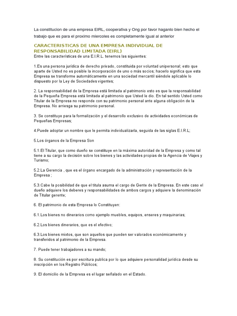 La Constitucion de Una Empresa EIRL | PDF | Bienes (Ley) | Contabilidad