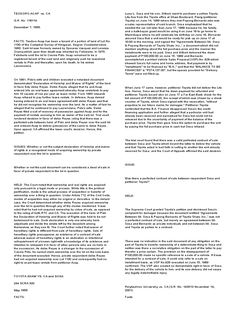 Teodoro Acap vs. Ca G.R. No. 118114 December 7, 1995 | PDF | Lease ...