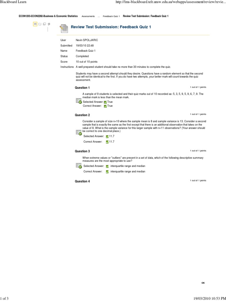 ECON1203 Business and Economic Statistics Quiz 1-4 Solutions | PDF | P Value | Regression Analysis