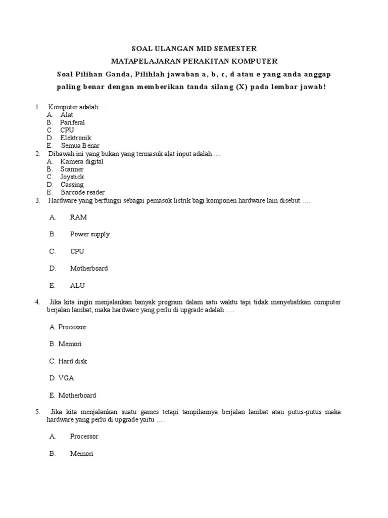 Soal Ulangan Mid Semester Merakit PC | PDF | Game & Aktivitas | Komputer