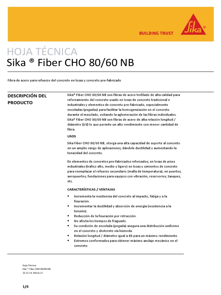 Ficha Técnica de Sika® Fiber CHO 80/60 NB | PDF | Hormigón | Acero