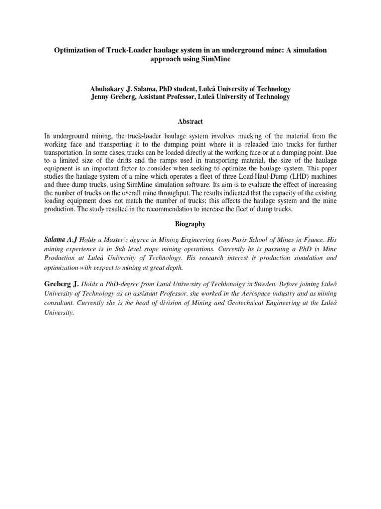Optimization of Truck Loader Haulage System in An Underground Mine A ...
