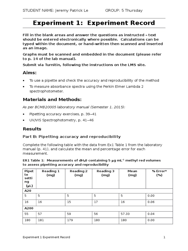 Experiment Record 1 | PDF | Spectrophotometry | Mass Concentration ...