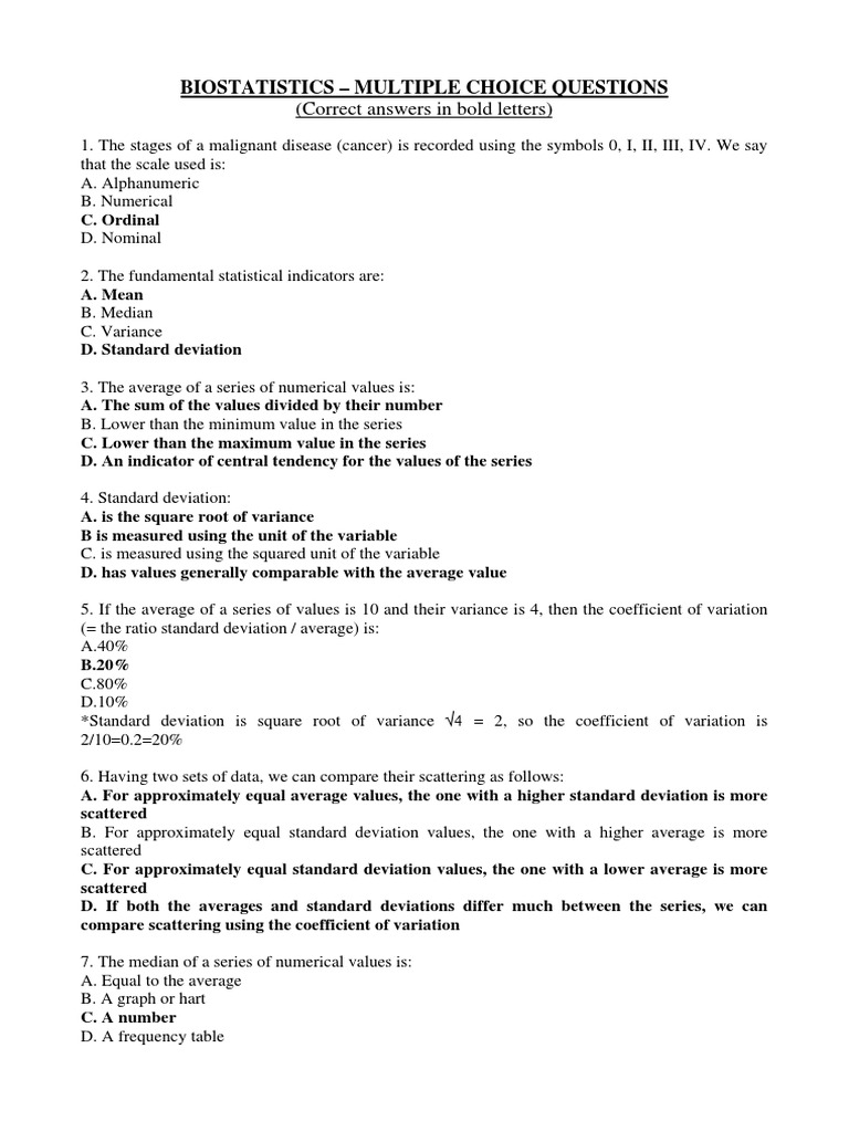 Biostatistics - Multiple Choice Questions | PDF | Sensitivity And ...