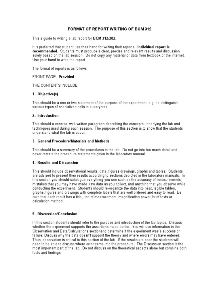 Format of Report Writing of Bcm 312202 | Experiment | Data