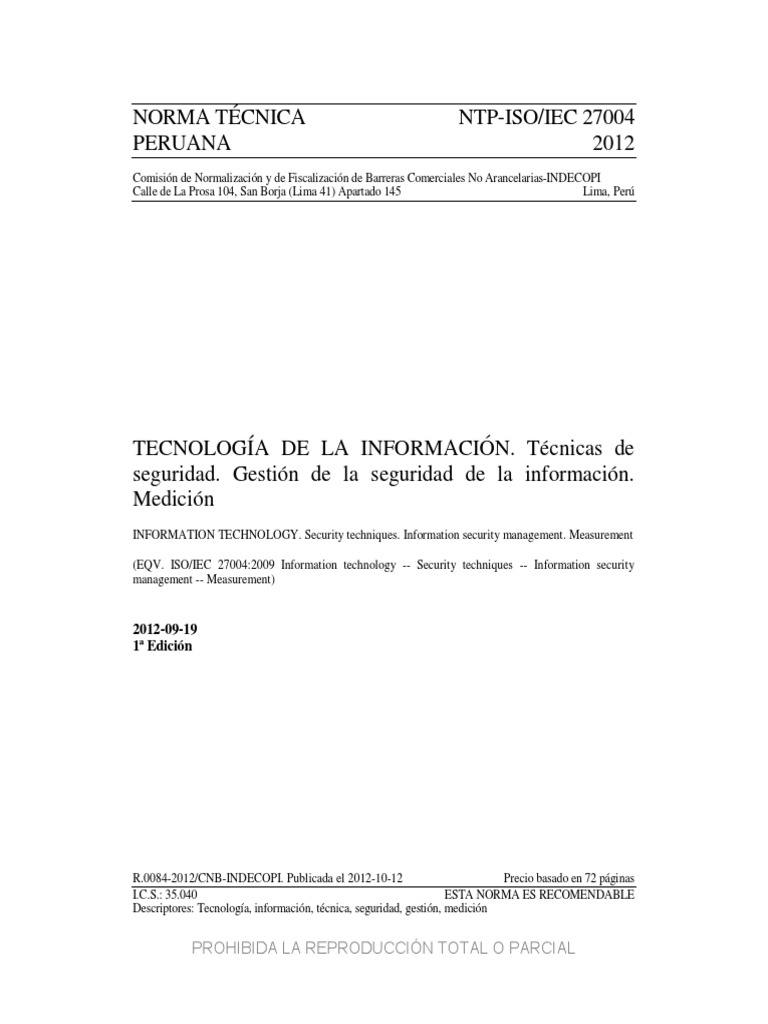 Iso-Iec 27004-2012 NTP | PDF | Medición | Seguridad de información