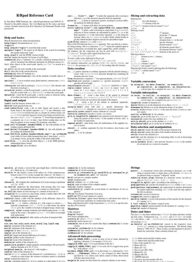 R/Rpad Reference Card: Slicing and Extracting Data | PDF | Matrix ...