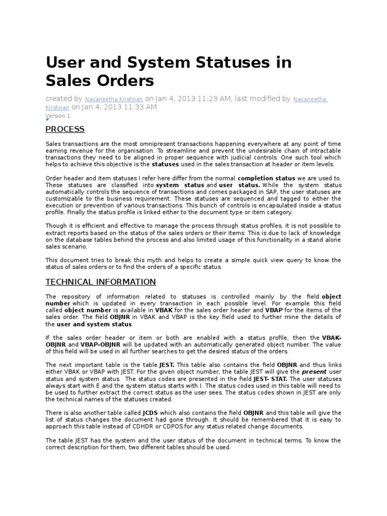 SAP Sales Order Status Guide | PDF | Database Transaction | Databases