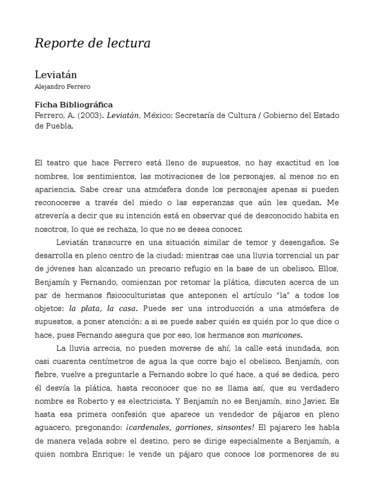 Reporte de Lectura de "Leviatan" de Alejandro Ferrero | PDF | Leviatán ...
