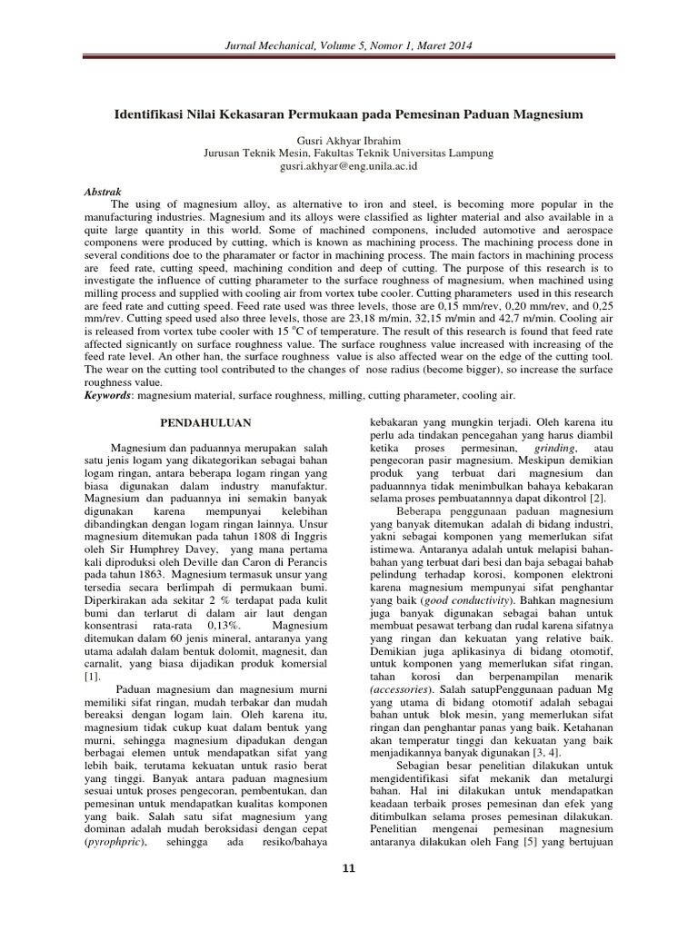 Identifikasi Nilai Kekasaran Permukaan Pada Pemesinan Paduan Magnesium | PDF