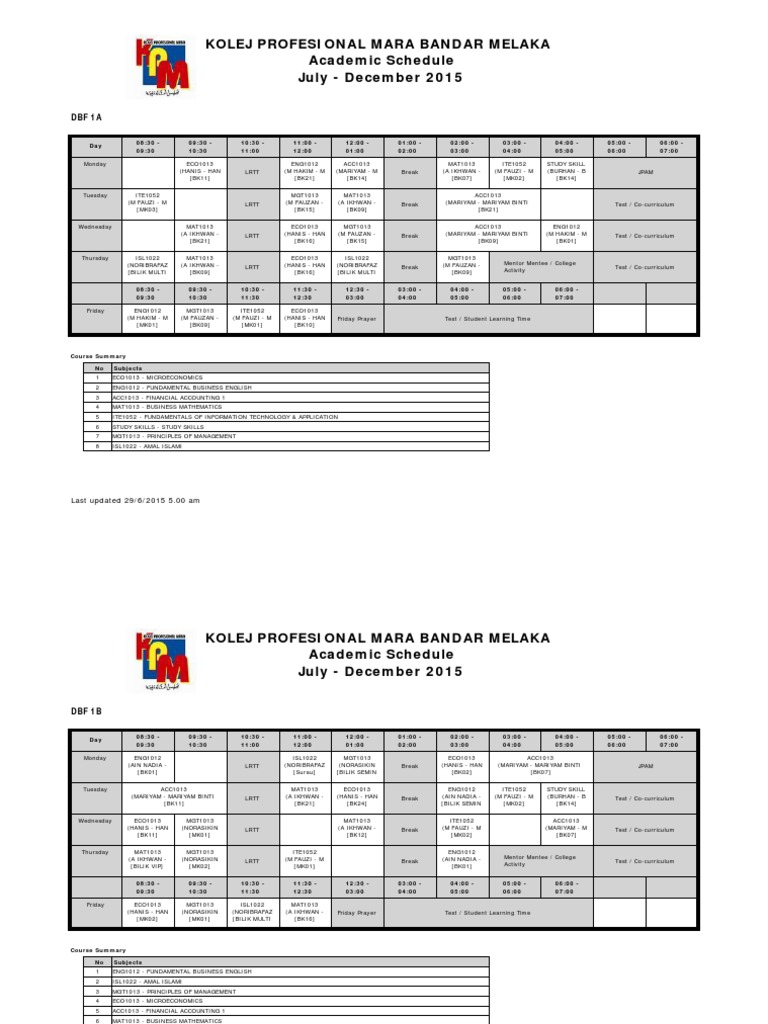 KPMBM Jul-Dec 2015 Timetable 29062015 (Students) | PDF | Study Skills ...