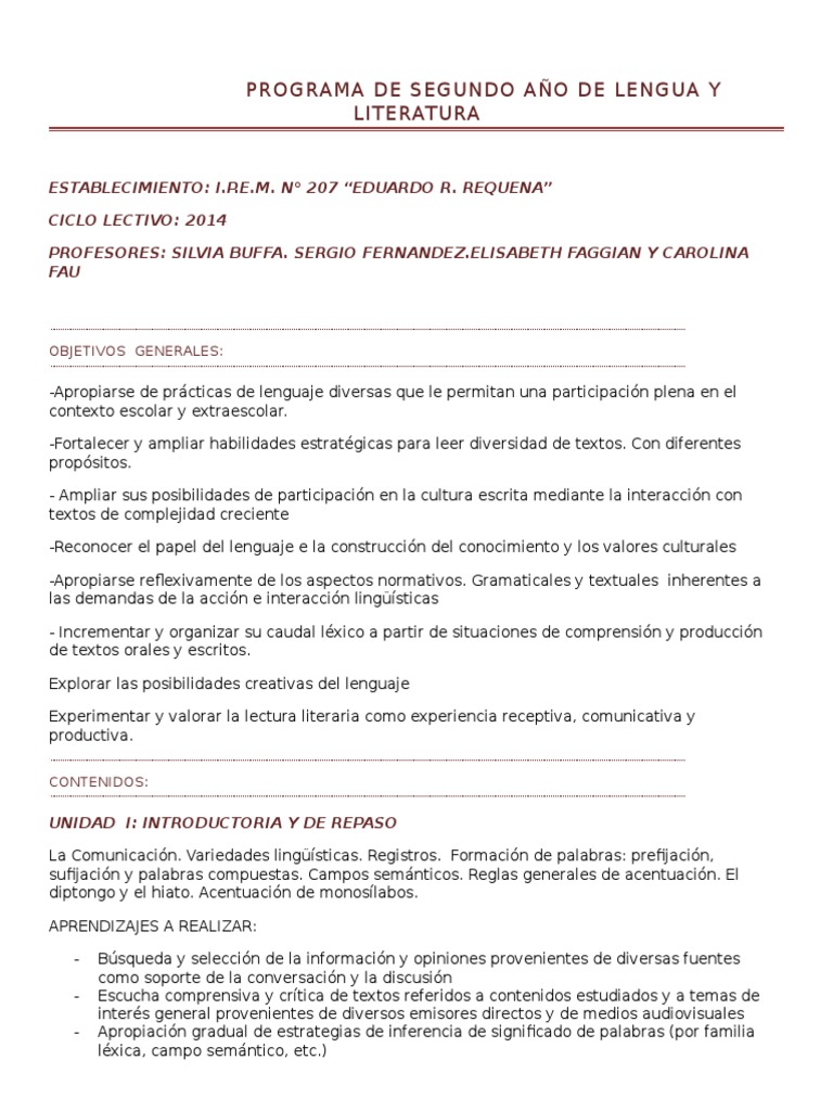 Programa Lengua y Literatura 2° Año | PDF | Verbo | Lectura (proceso)