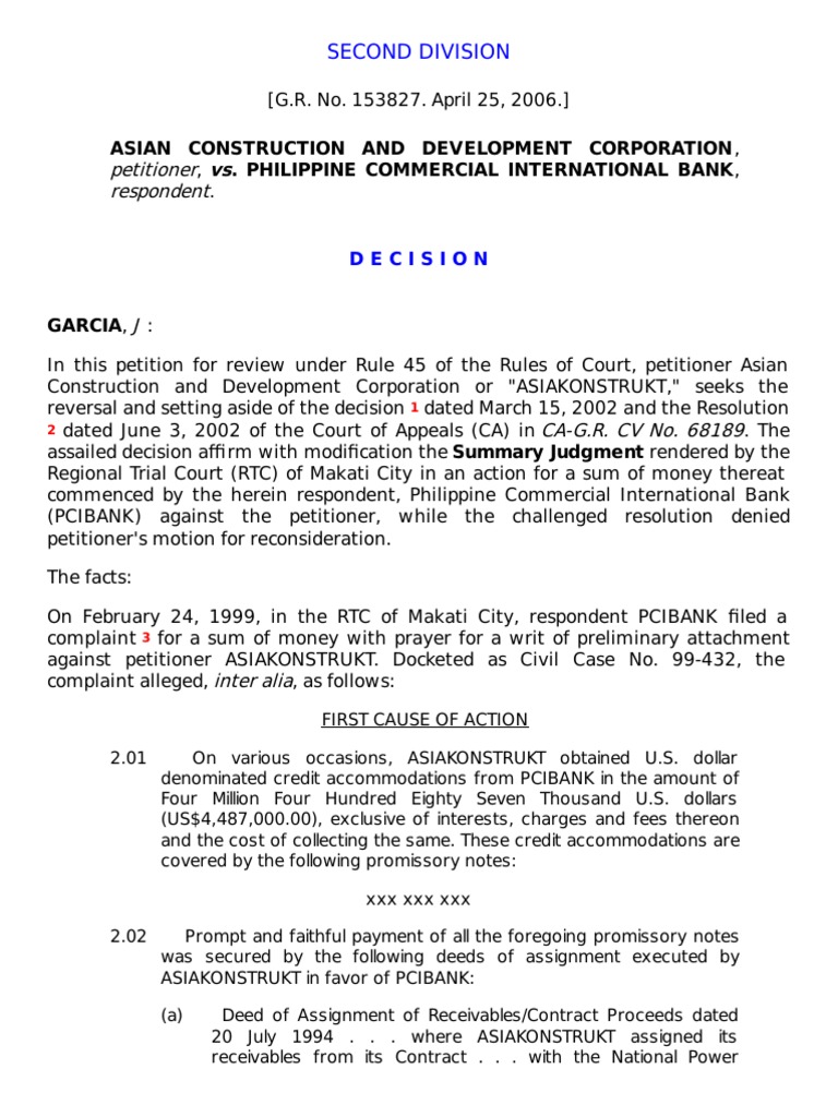 ASIAKONSTRUKT vs. PCIBANK Case Review | PDF | Summary Judgment | Lawsuit