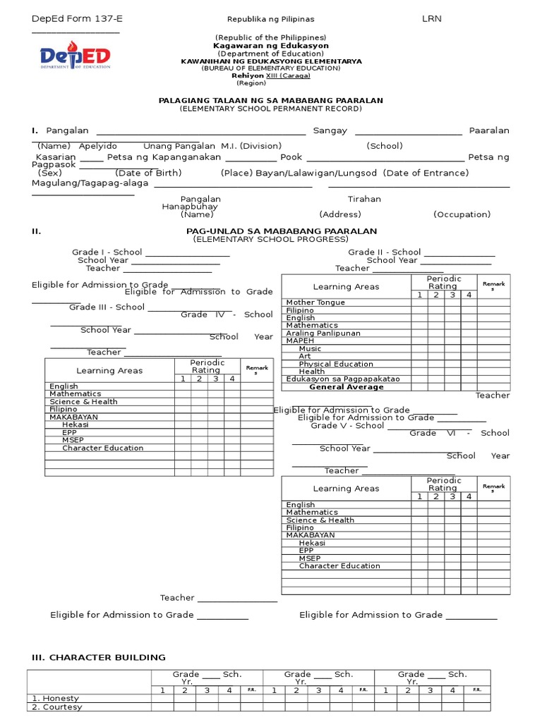 DepEd Form 137-E With Logo & LRN | PDF | Behavior Modification | Learning