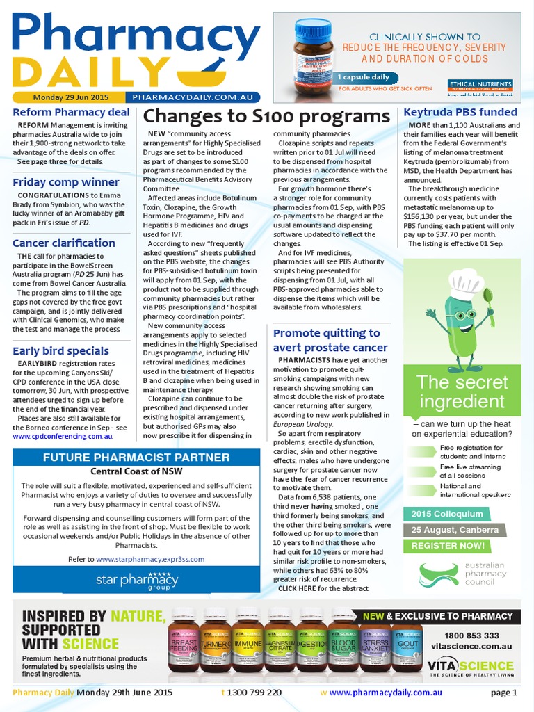 Pharmacy Daily For Mon 29 Jun 2015 - Changes To S100 Programs, UNE ...
