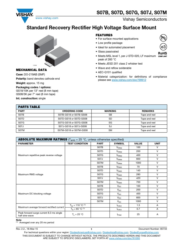 S07B, S07D, S07G, S07J, S07M: Vishay Semiconductors | PDF | Contractual ...