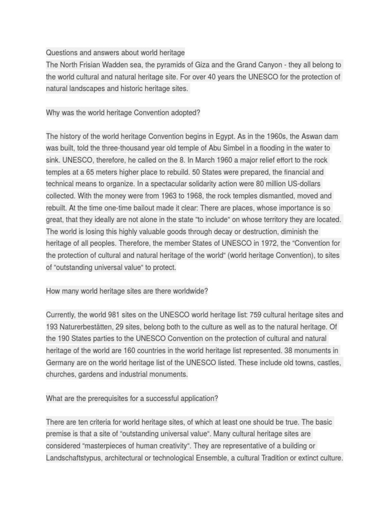 Questions and answers about UNESCO world heritage sites | PDF | World ...