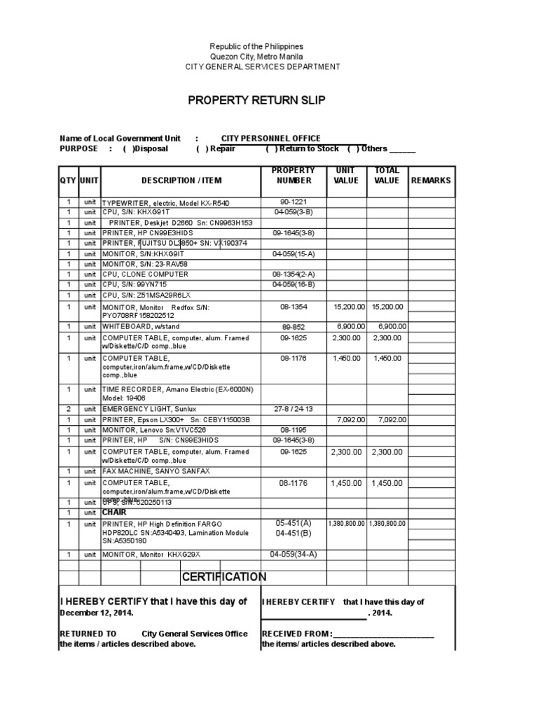 Property Return Slip Dec. 12, 2014 | Computer Hardware | Computer ...