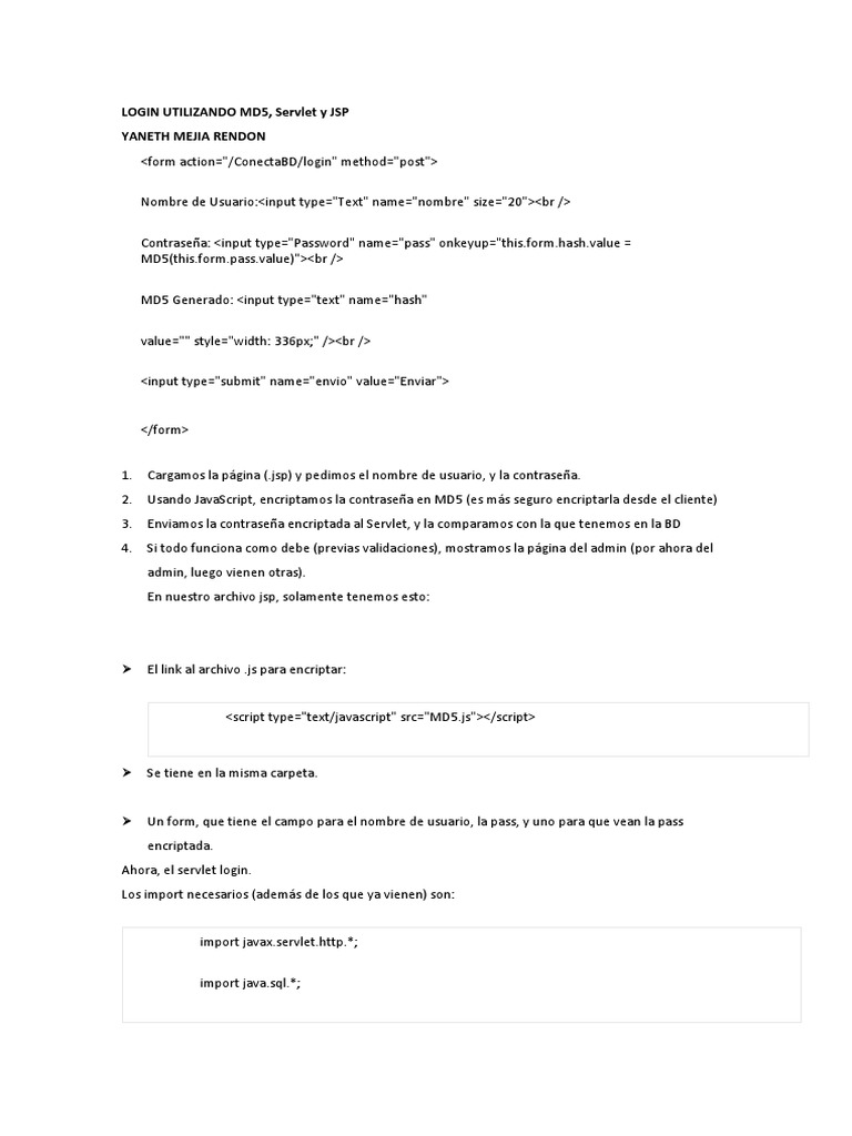 Login Utilizando Md5, Servlet y JSP | PDF | Páginas del servidor Java | Contraseña
