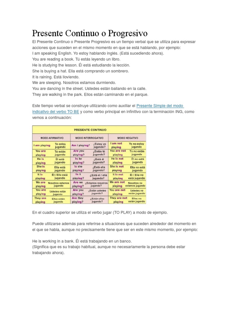 Presente Continuo O Progresivo Pdf Verbo Estilo Ficción