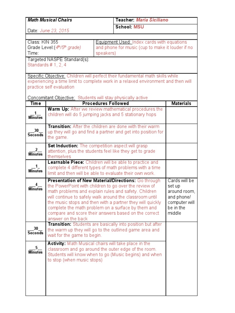Math Musical Chairs Activity Plan | PDF | Classroom | Pedagogy