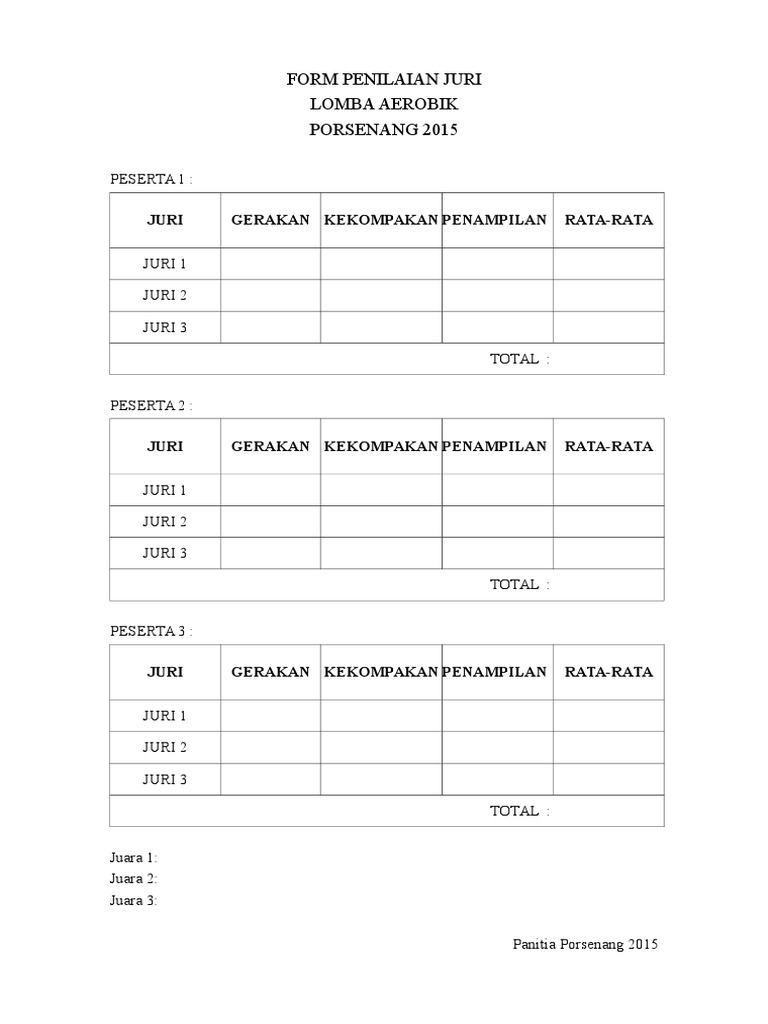 Form Penilaian Juri Lomba Aerobik Porsenang 2015: Peserta 1 | PDF