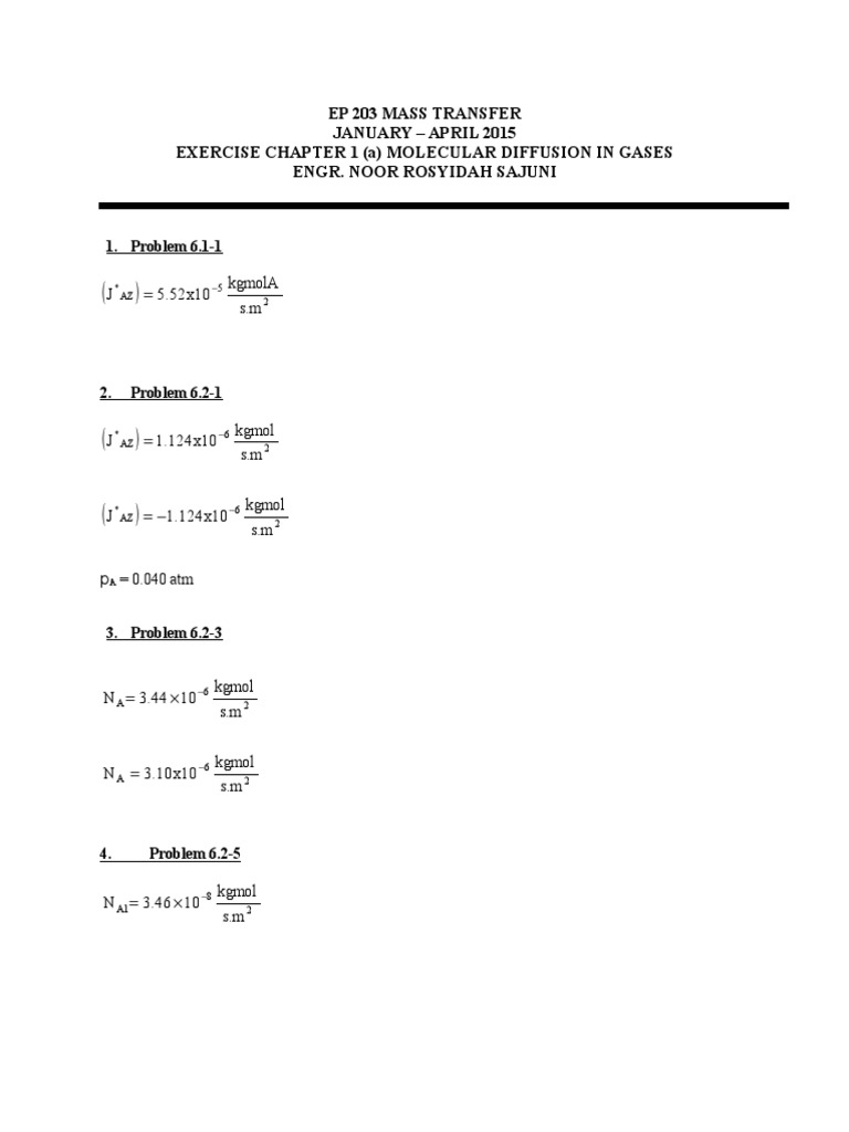 Ep 203 Mass Transfer January - April 2015 Exercise Chapter 1 (A) Molecular Diffusion in Gases ...