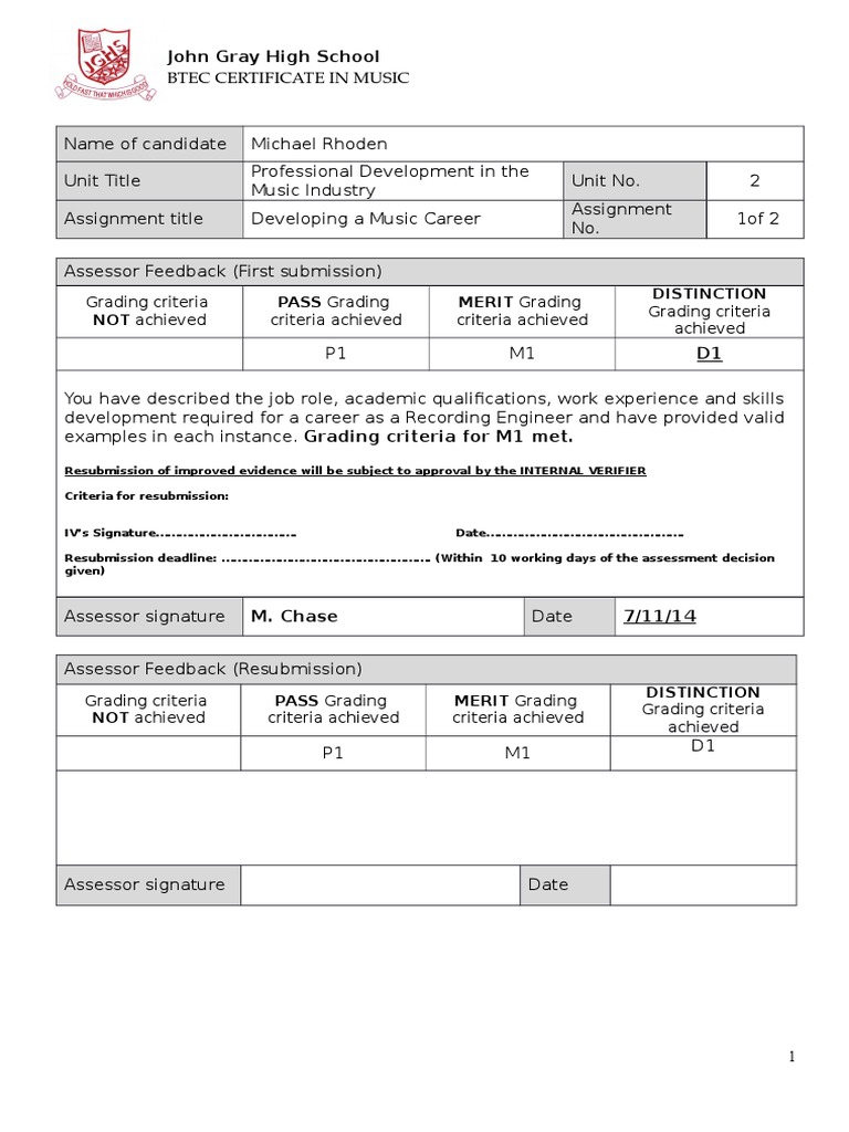 Pearson Btec Feedback Sheet Unit 2 Assignment 1&2 Michael Rhoden | PDF ...