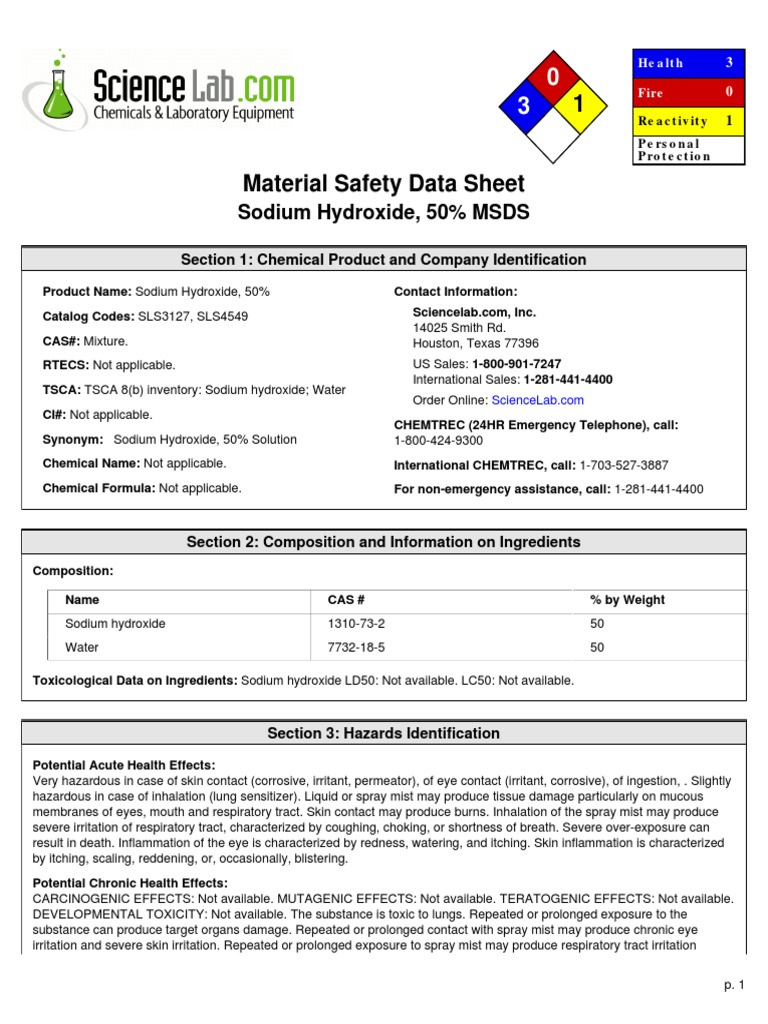 msds NaOH çözelti | Sodium Hydroxide | Toxicity