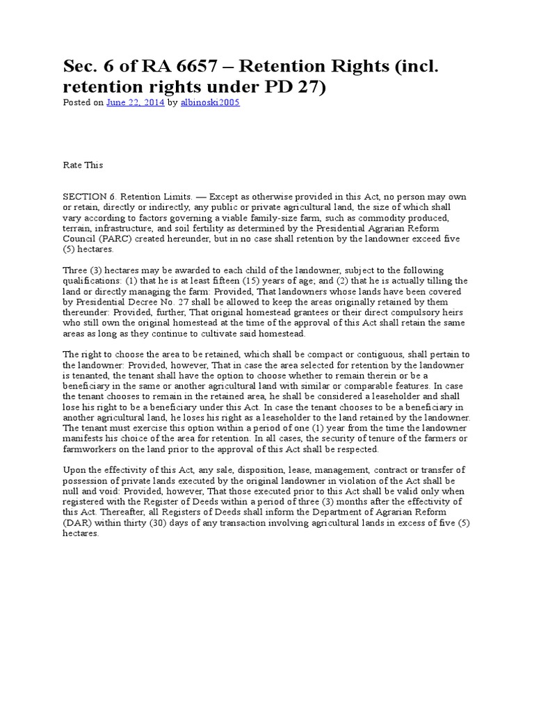 Sec. 6 of RA 6657 - Retention Rights (Incl. Retention Rights Under PD ...