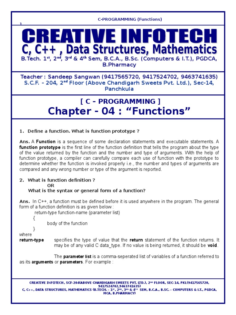 Chapter - 04: "Functions": (C - Programming) | PDF | Subroutine | Parameter (Computer Programming)