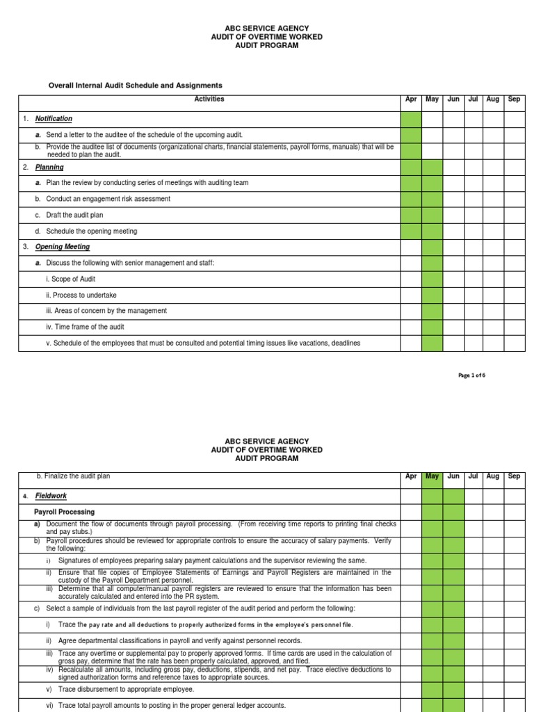 Abc Service Agency Audit of Overtime Worked Audit Program: Activities ...