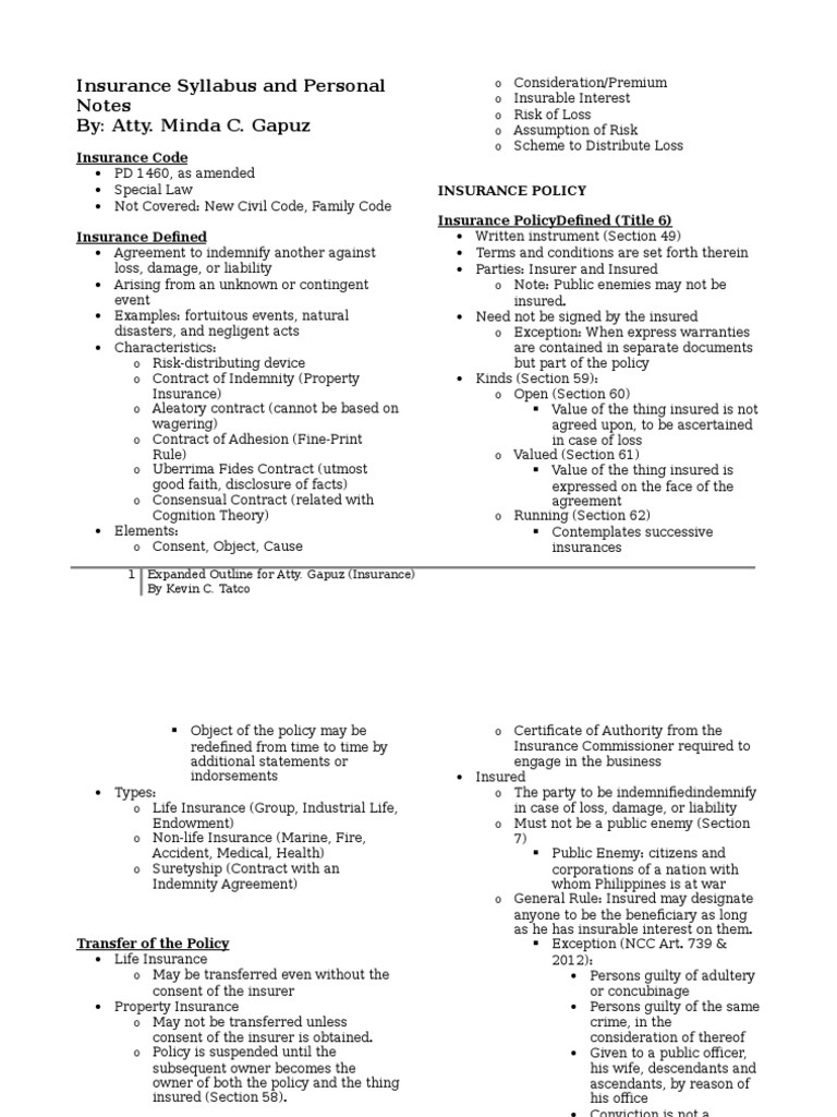 Insurance Code Syllabus Guide | PDF | Insurance | Indemnity