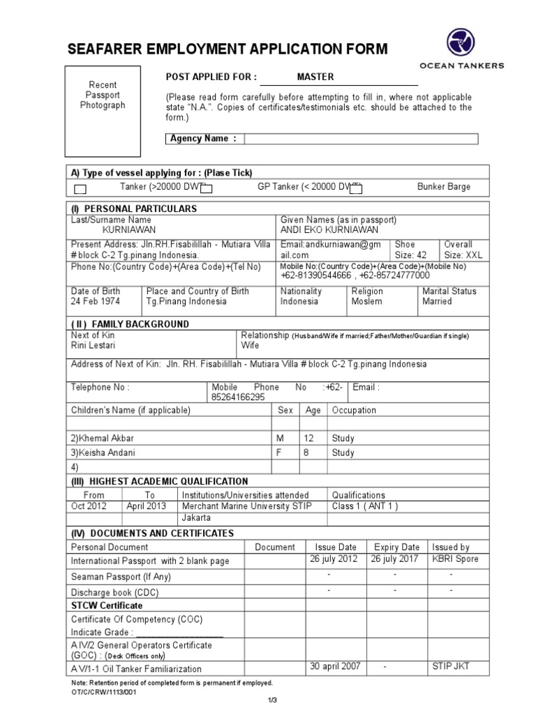 Seafarer Employment Application Form | PDF | Oil Tanker | Ships