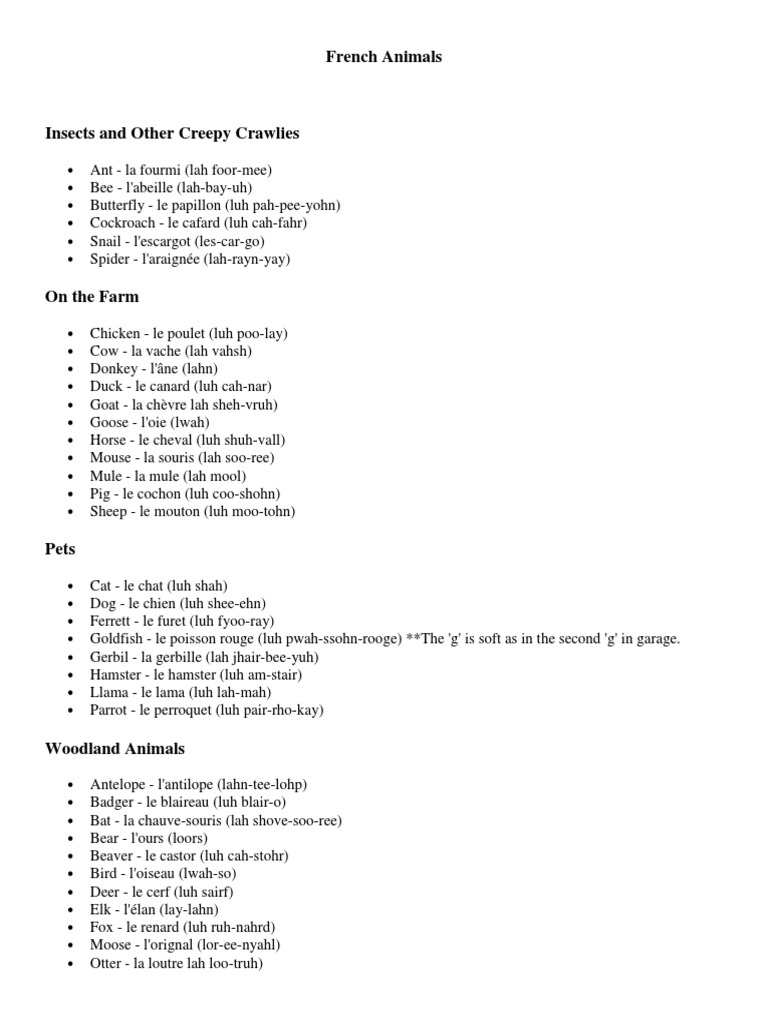 French Animals | PDF | Vocabulary | Languages