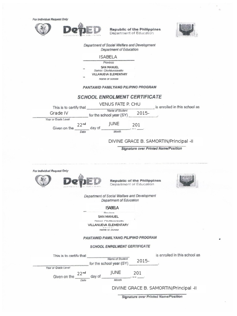 Pantawid Pamilyang Pilipino Program Enrolment Certificate | PDF
