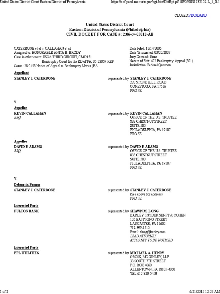 United States District Court Eastern District of Pennsylvania DOCKET 7 ...