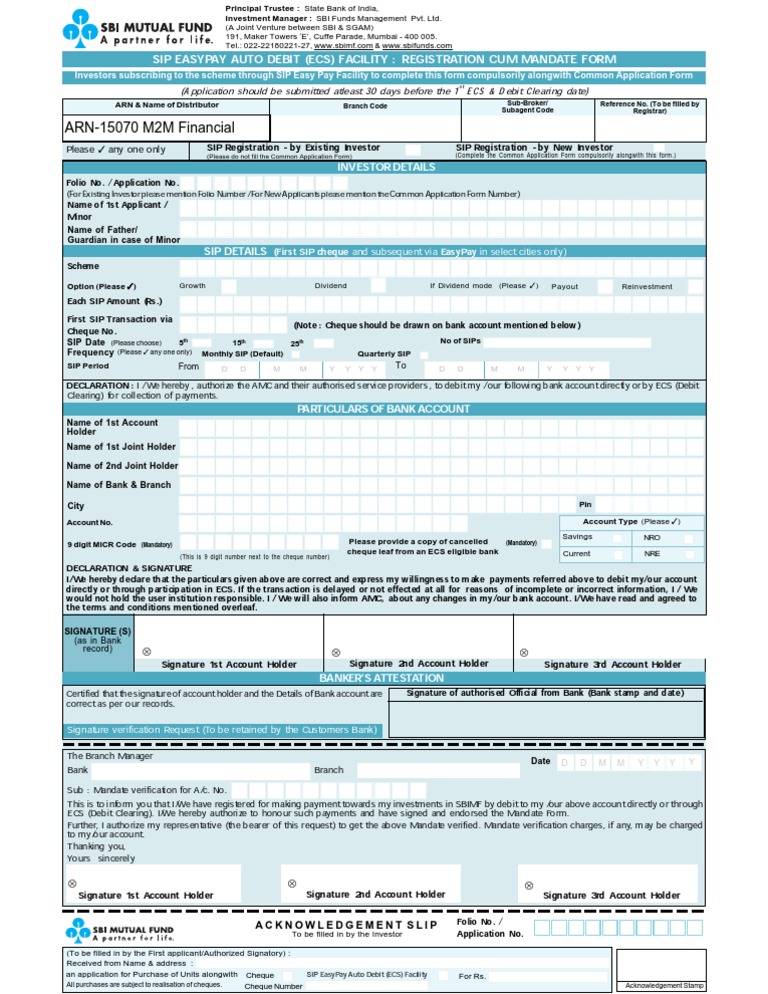 SBI MF SIP ECS Form | Cheque | Clearing (Finance)