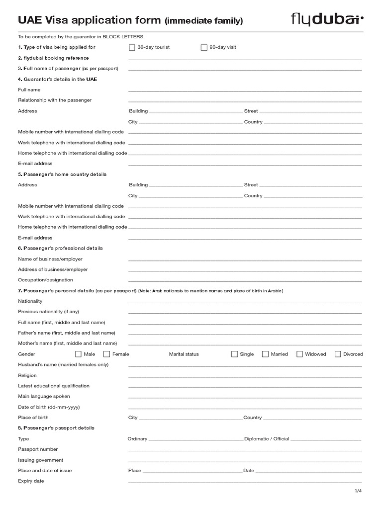 Flydubai UAE Visa Form Immediate Family | PDF | Travel Visa | Passport