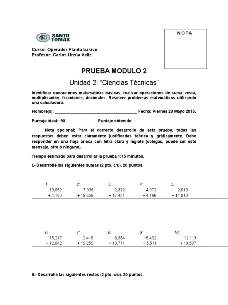 Prueba Modulo 2 Santo Tomas 2015 | PDF | División (Matemáticas) | Multiplicación