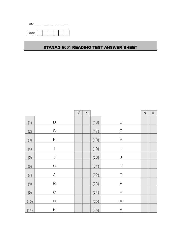Reading Answer Sheet + Key | PDF