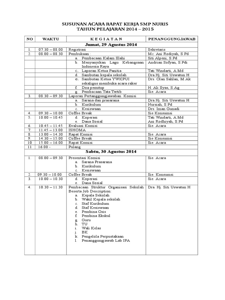Susunan Acara Raker 2014 | PDF | Karier & Perkembangan