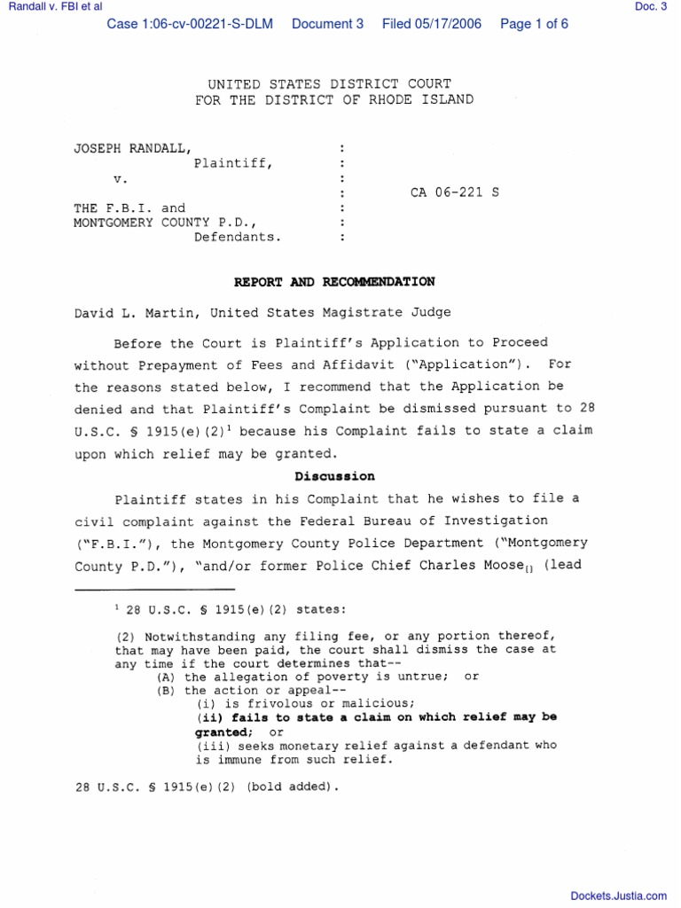 Randall v. FBI Et Al - Document No. 3 | PDF | Complaint | Negligence