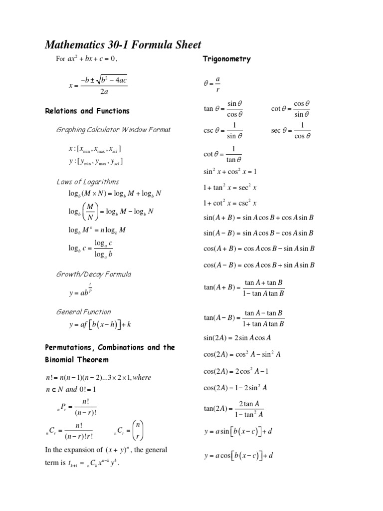 m30-1 Formula Sheet | PDF | Teaching Methods & Materials
