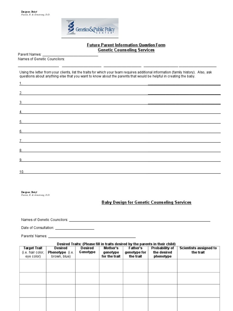 Designer Baby Forms and Worksheets | PDF | Phenotypic Trait | Designer Baby